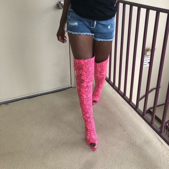 Shoes | Pink Snakeskin Thigh Boots | Poshmark